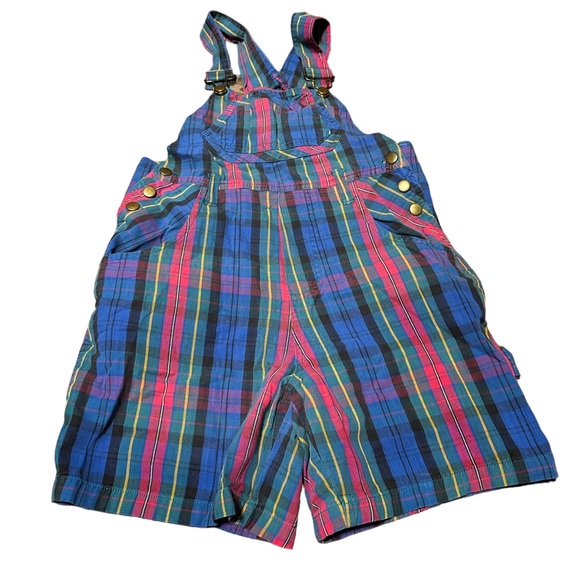 Bottoms | Vintage Honors Girls Large Short Overall Bibs Plaid Blue Pink ...